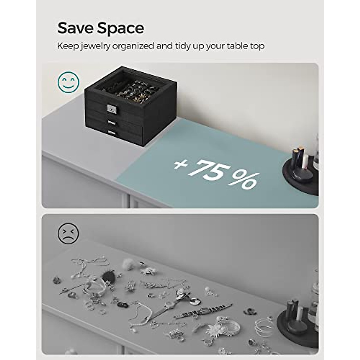 SONGMICS Jewelry Box, Lockable Jewelry Storage Organizer, Jewelry Case with Glass Window, for Rings, Earrings, Studs, Bracelets, Necklaces, Black UJBC158B01