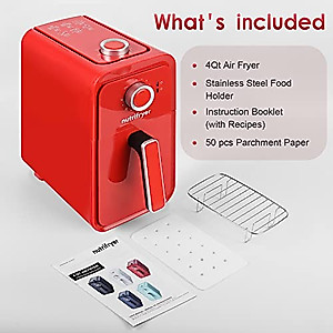 nutrifryer Air Fryer, 4Quart Air Fryer with Grill and Recipe Instructions, Small and Compact Design, 50Pcs Custom Parchment Paper Liners, Non-Stick Basket, 1400W, Red