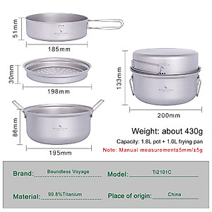 iBasingo 1.8L Titanium Steamer Stockpot Frying Pan Set Ultralight Outdoor Camping Pot Pan Set Portable Campfire Soup Hot Pot Cookware Backpacking Household Kitchen Cooking Kit Ti2101C