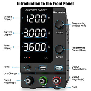 IKococater DC Power Supply Variable 120V 3A with Output Switch, Adjustable Regulated Switching Bench Power Supply with 4-Digits LED Power Display, 5V/2A USB Interface, Accurate Encoder Adjustment Knob