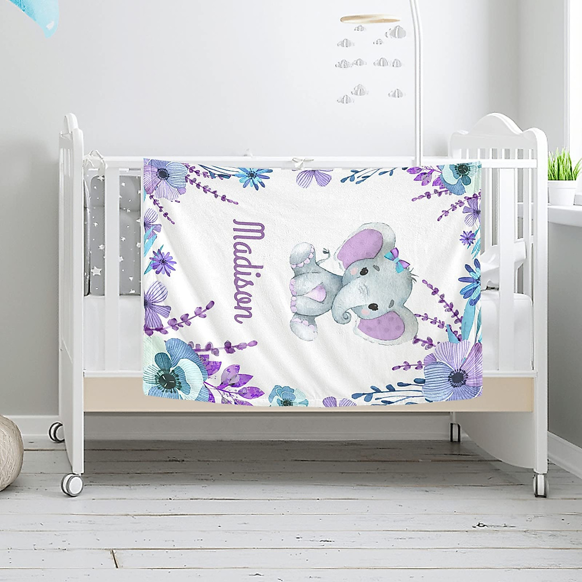 CADE Custom Baby Blanket with Name for Girls Personalized Baby Blanket Purple Floral Blankets Cute Elephant Blankets for Girls Customizable Baby Blanket Newborn Essentials Gifts - 30x40 inch
