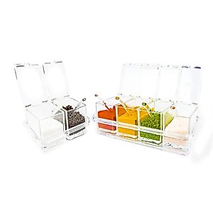 Six Compartment Condiment & Spice Box Serving Set with Spoons - 2 & 4 Section Seasoning Storage Container Rack Combo Set with Removable Cruet Jars (5.75 oz capacity each) | by ImpiriLux