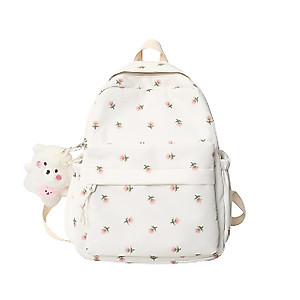 kakarin choyx Kawaii Backpack Mori Art Floral Bag With Pendant 12.2 Inch Aesthetic Backpack Cute Backpack Medium Bag (White, Middle)