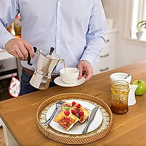 Frcctre 2 Pack Round Rattan Serving Tray with Mother of Pearl Inlay Wooden Base, Decorative Wicker Baskets Woven Serving Tray for Bread Fruit Food Coffee Breakfast, Storage and Display, 2 Sizes