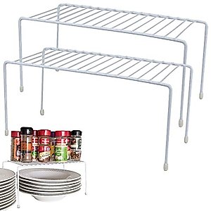 Evelots 2 Pack Kitchen/Bathroom/Pantry/Freezer/Office Extra Shelf-Cabinet Organizer-Double Space-Sturdy Metal-Scratch Resistant PE Plastic Coating-Plastic Feet-White