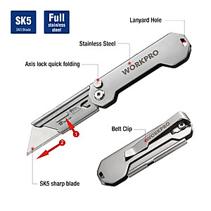 WORKPRO EDC Folding Utility Knife, Mini Box Cutter with Quick Open Axis Lock, Quick Change Blade Razor Knife, Foldable Small Pocket Knife with Belt Clip