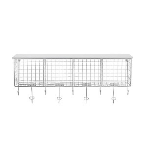 Linon Four Cubby Metal Wall Shelf with Top Shelf and 9 Hooks in White