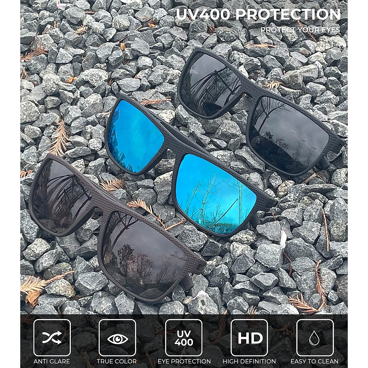 KALIYADI Polarized Sunglasses Men, Lightweight Mens Sunglasses Polarized UV Protection Driving Fishing Golf (Black/Ice Blue/Brown)