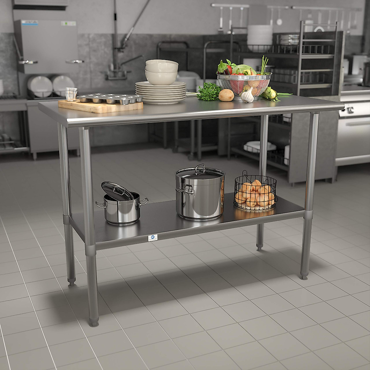 Flash Furniture Rawcliffe NSF Certified Stainless Steel Kitchen Prep and Work Table, Commercial Work Table with Storage, 48"W x 24"D x 34.5"H, Silver