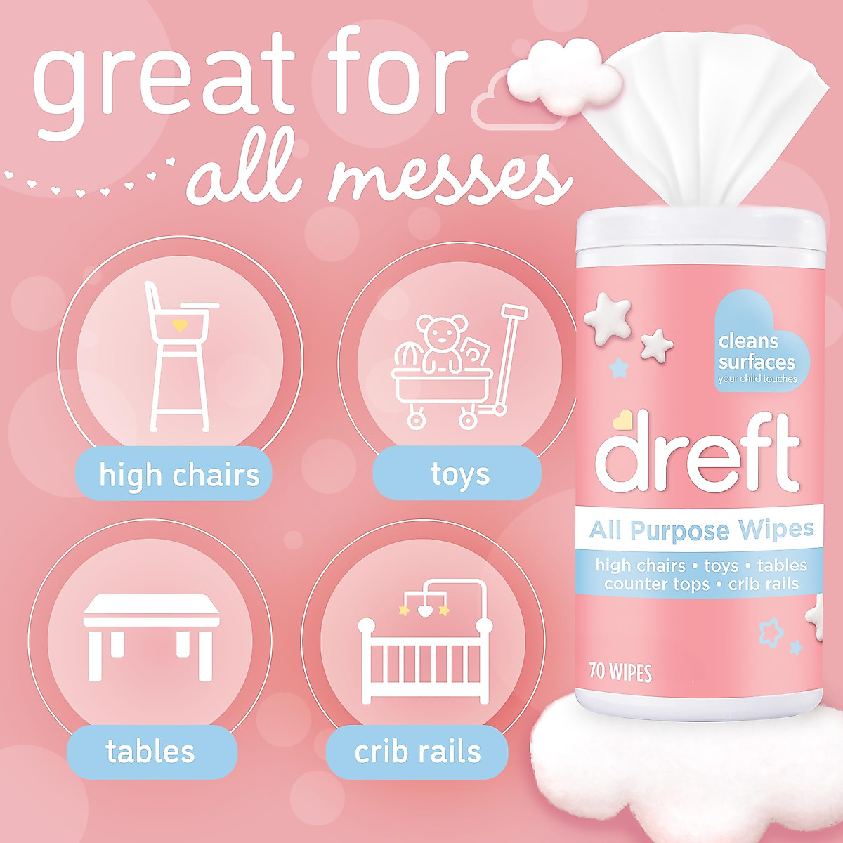 Dreft Multi-Surface All-Purpose Gentle Cleaning Wipes for Baby Toys, Car Seat, High Chair & More, 70 Count (Pack of 4)