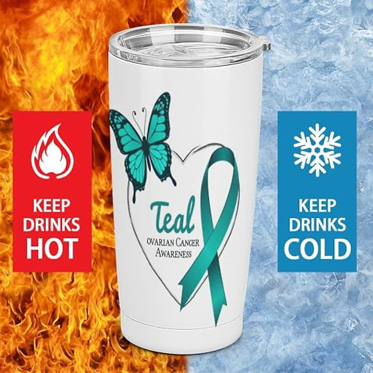 Teal Ribbon Butterfly Heart Ovarian Awareness 20 OZ Stainless Steel Tumbler Travel Car Coffee Mug with Straw Lid Cleaning Brush Coffee Tumbler Mug for Women Men