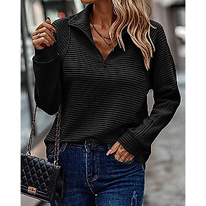 BTFBM Womens 2023 Fall Fashion Quarter Zip Sweatshirts Half Zip Casual Long Sleeve Solid Color V Neck Pullover Tops(Solid Black,Medium)