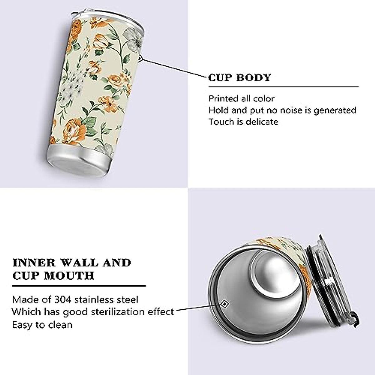 Jihqo Vintage Flower Tumbler with Lid and Straw, Insulated Stainless Steel Tumbler Cup, Double Walled Travel Coffee Mug Thermal Vacuum Cups for Hot & Cold Drinks 20oz