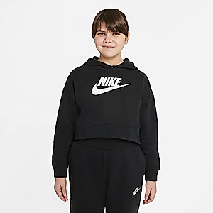 Nike Girl's Sportswear Club Fleece Crop Hoodie (Little Kids/Big Kids) Black/White M (10-12 Big Kid)