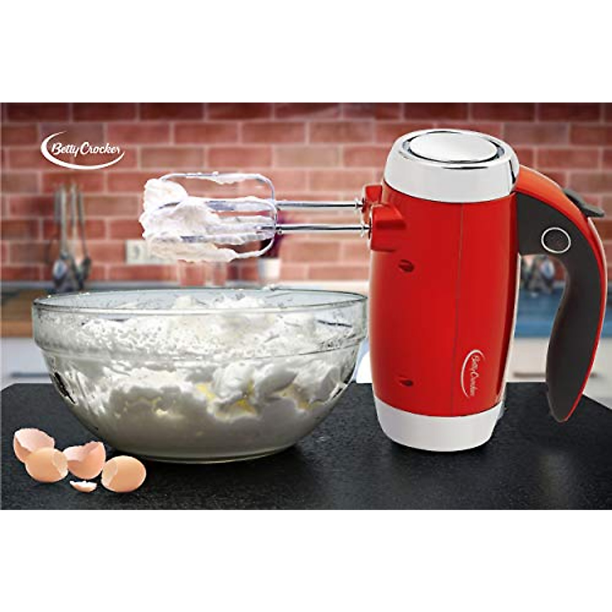 Betty Crocker 7 Speed Hand Mixer with Stand with Chrome Beater and Hooks, Metallic Red, BC-2208CMR, 6.06*8.66*6.65