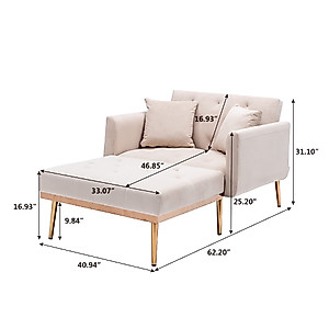 PHOYAL Velvet Chaise Lounges,Modern Tufted 2 in 1 Chaise Lounge Chair Indoor,Upholstered Sofa Recliner Lounge Chair with 3 Adjustable Angles, Convertible Sleeper Chair for Living Room Bedroom(Beige)