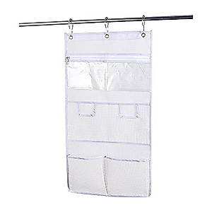 Dearjana Mesh Shower Caddy with Touch-sensative Pocket, Bathroom Hanging Mesh Bath Organizer Shower Curtains Rod Hanging Caddies with 3 Rings, Bathroom Accessories Organization, Space Saving(White)