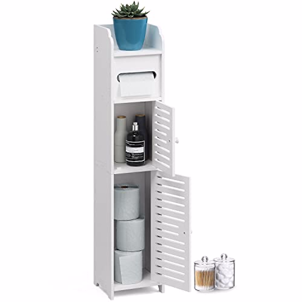 MEZHI Bathroom Storage Cabinet Floor Standing Toilet Paper Organizer Shelves with Door (White)