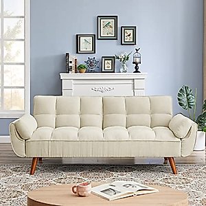 Eafurn 75" Foldable Convertible Sleeper Sofa Bed Versatile Futon Couches with Arm Pillows and Sturdy Wooden Legs, 3 Seater Tufted Linen Comfy Sofa & Couches for Living Room, Bedroom, Small Space