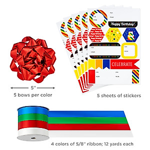 Hallmark Birthday Wrapping Paper Set (3 Rolls: 90 Sq. Ft. Ttl, 10 Bows, Ribbon, Gift Tag Stickers) Rainbow Stripes, Cake, "Happy Birthday" for Kids and Adults