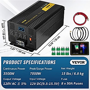 VEVOR Pure Sine Wave Inverter 3500 Watt Power Inverter, DC 12V to AC 120V Car Inverter, with USB Port LCD Display Remote Controller and AC Outlets (GFCI), for RV Truck Car Solar System Travel Camping