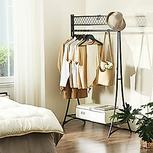 SONGMICS Clothes Garment Rack, Holds 110 lb, Elegant Tower Design, Grid Mesh Bottom Shelf, Clothing Rack for Bedroom Entryway, 37 x 15.9 x 64.6 Inches, Matte Black