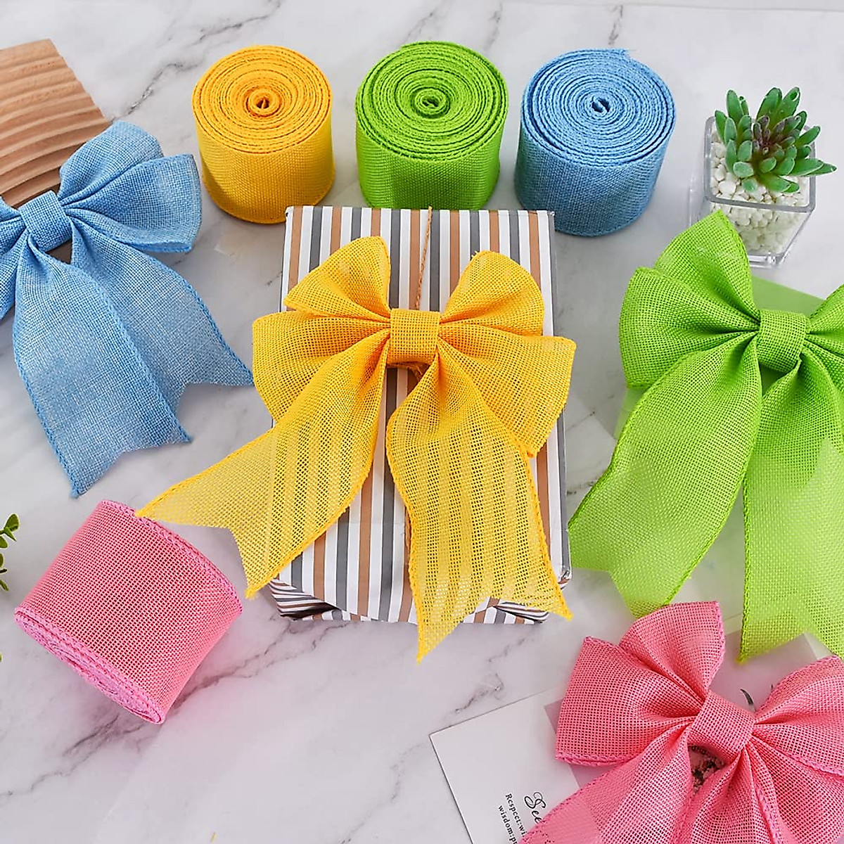 TONIFUL 4 Rolls Easter Ribbon, Burlap Wired Ribbons, Yellow, Pink, Baby Blue, Green, Faux Burlap Ribbon, for Easter Home Decor Wreath Front Door Gift Wrapping Tree Topper Bow Crafts (2 Inch x 40 yds)