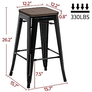 Yaheetech 26inch barstools Set of 4 Counter Height Metal Bar Stools, Indoor Outdoor Stackable Bartool Industrial with Wood Seat 331Lb, Black