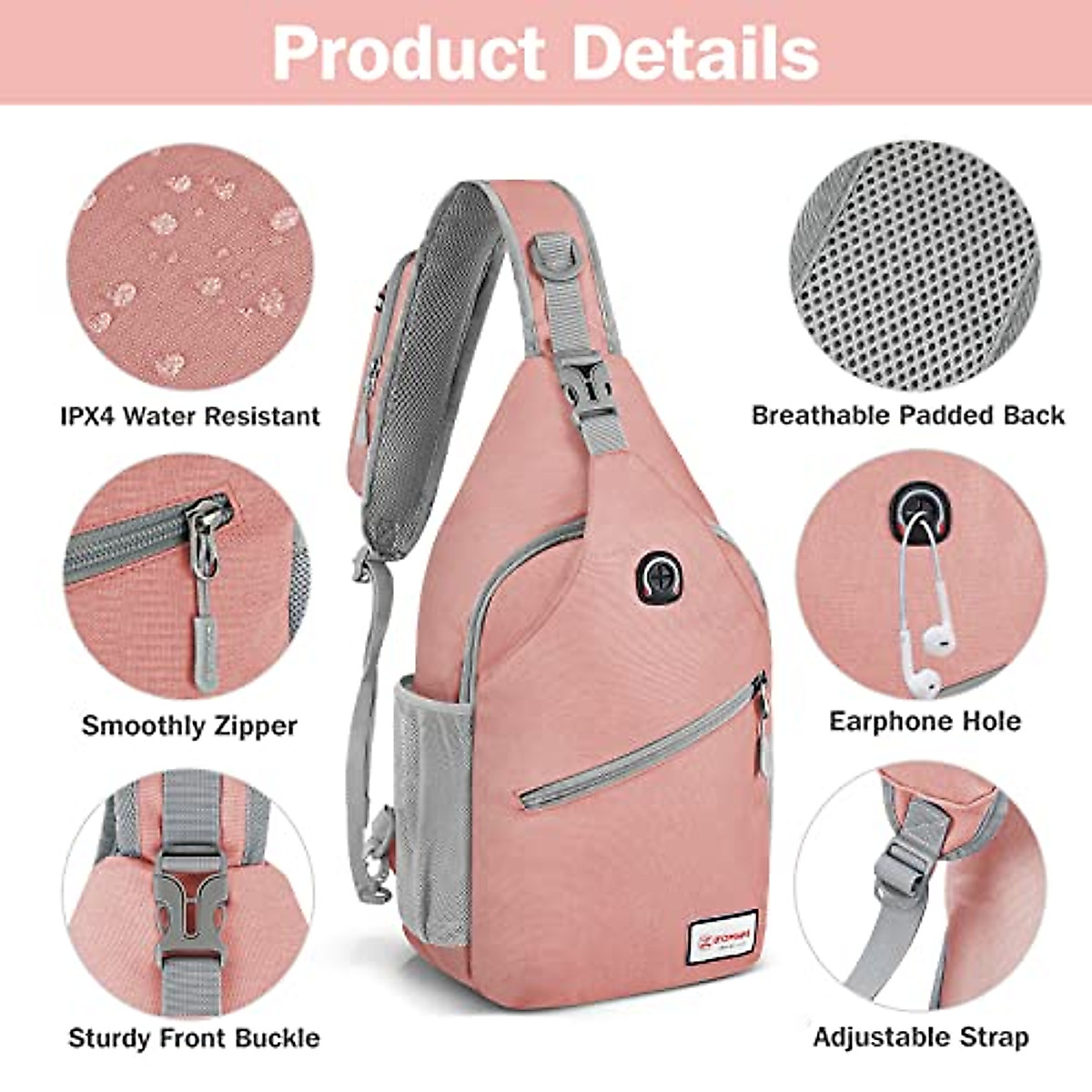 ZOMAKE Sling Bag for Women Men:Small Crossbody Sling Backpack - Mini Water Resistant Shoulder Bag Anti Thief Chest Bag Daypack for Travel Hiking Outdoor Sports,Pink(new)