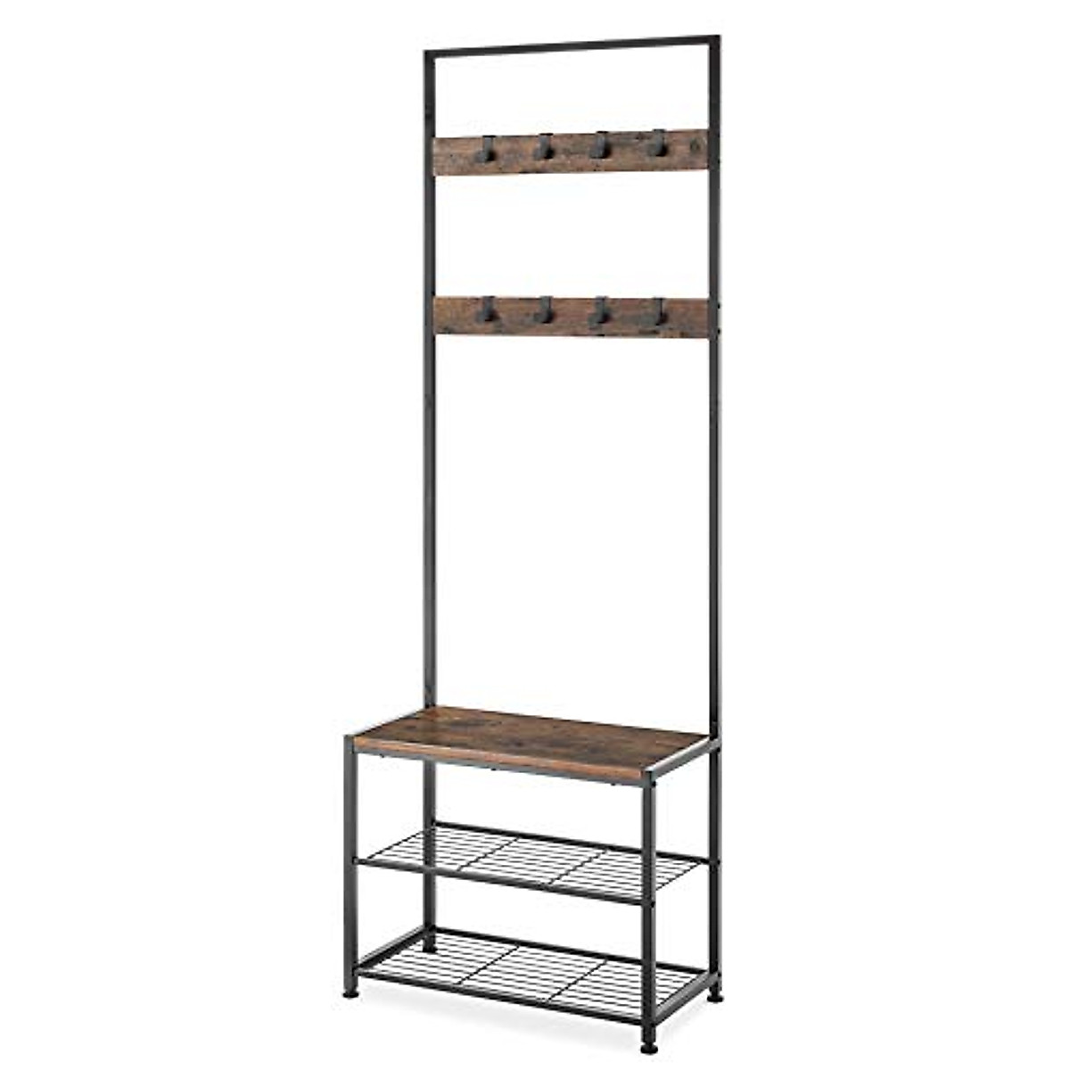 Whitmor Modern Industrial Entryway Coat Rack Hall Tree w/Shoe Storage, Rustic Brown