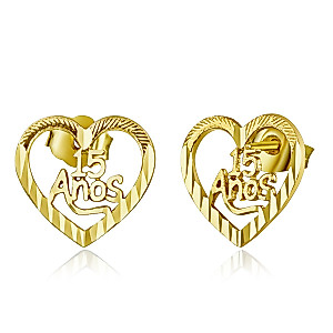 14k REAL Yellow Gold Fancy 15 Quincea?era Heart Stud Earrings (10 x 10 mm)