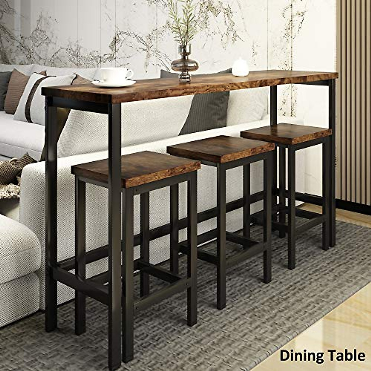 Merax 4-Piece Counter Height Extra Long Dining Table Set with 3 Stools and Side Table with Footrest Pub Kitchen Set (Brown)