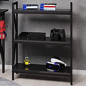 3 Shelf Bookcase - Console Table or Storage Shelf with Carbon Fiber Texture Finish and K Shaped Legs by Lavish Home (Black)
