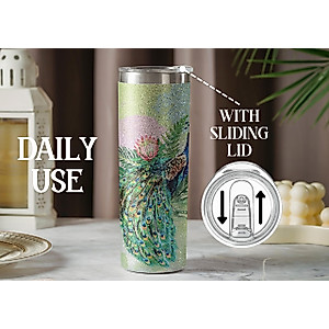 Onebttl Peacock Skinny Glitter Tumbler Gifts For Women, Female and Her - Peacock - 20oz/590ml Stainless Steel Insulated Tumbler with Straw, Lid - Gift for Peacock Lovers - Green
