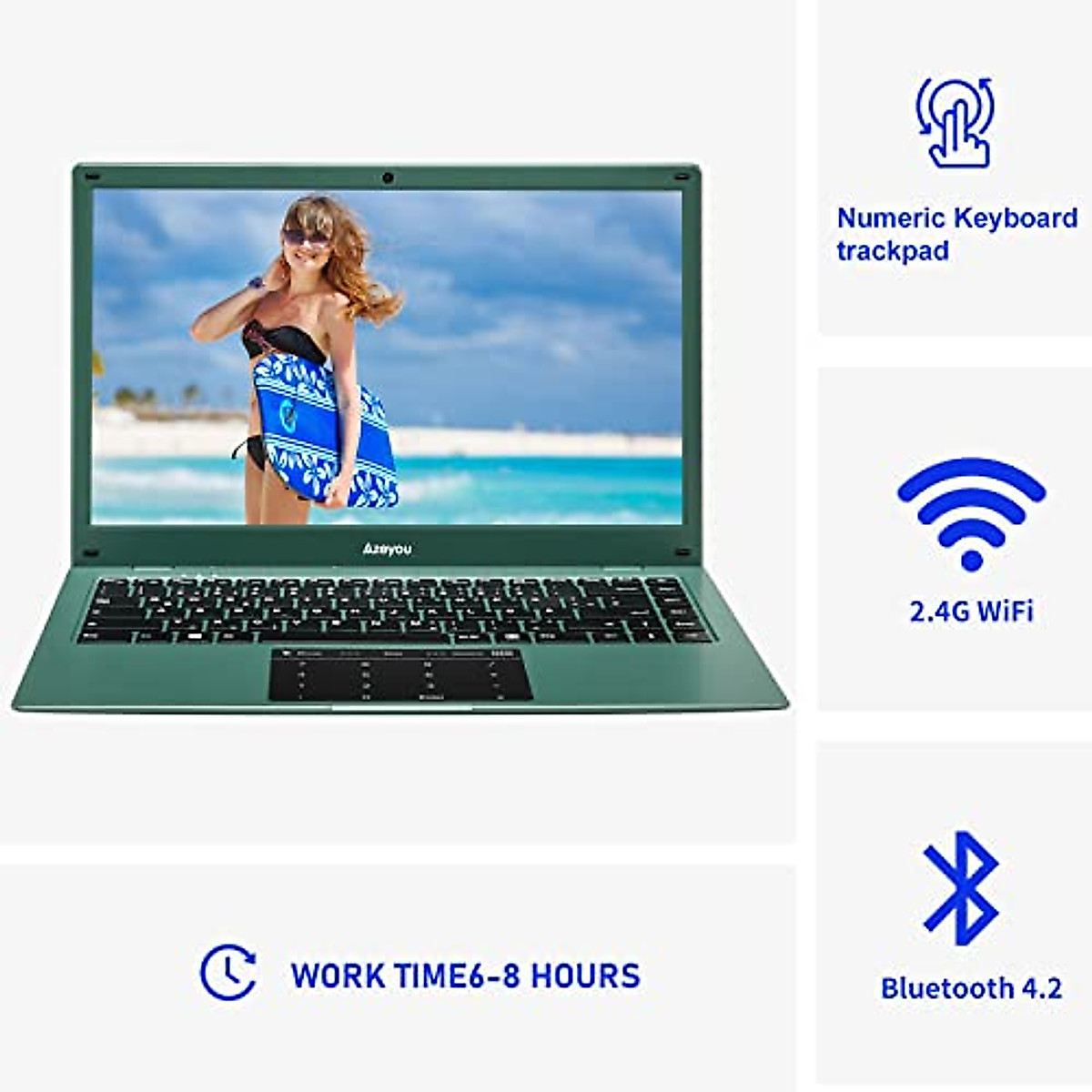 Azeyou Newest 14.1" Thin Light Business Student Laptop Computer, up to 2.8GHz Celeron N4020 Processor, 4GB DDR4 RAM, 64GB Storage, 2MP Webcam, WiFi, Bluetooth, Windows 11 Laptop Green