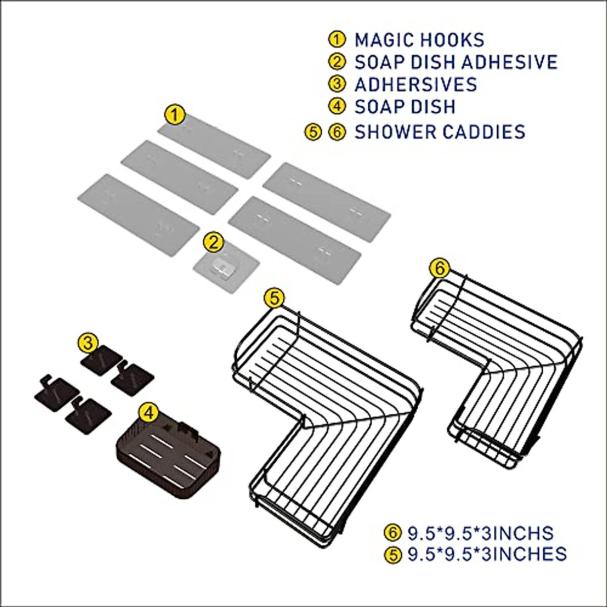 2-Pack Adhesive Corner Shower Caddy, Shower Shelf With 4 Removeable Razor Hooks and 1 Pack Adhesive Soap Dishes, No Drilling Rustproof Stainless Steel Eaeregs Shower Organizer for Inside Shower(Matte Black，Round wire style)