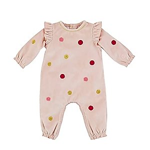 Mud Pie Baby Girl Velour Boucle Polka Dot One Piece Bodysuit, Pink, 9-12 Months