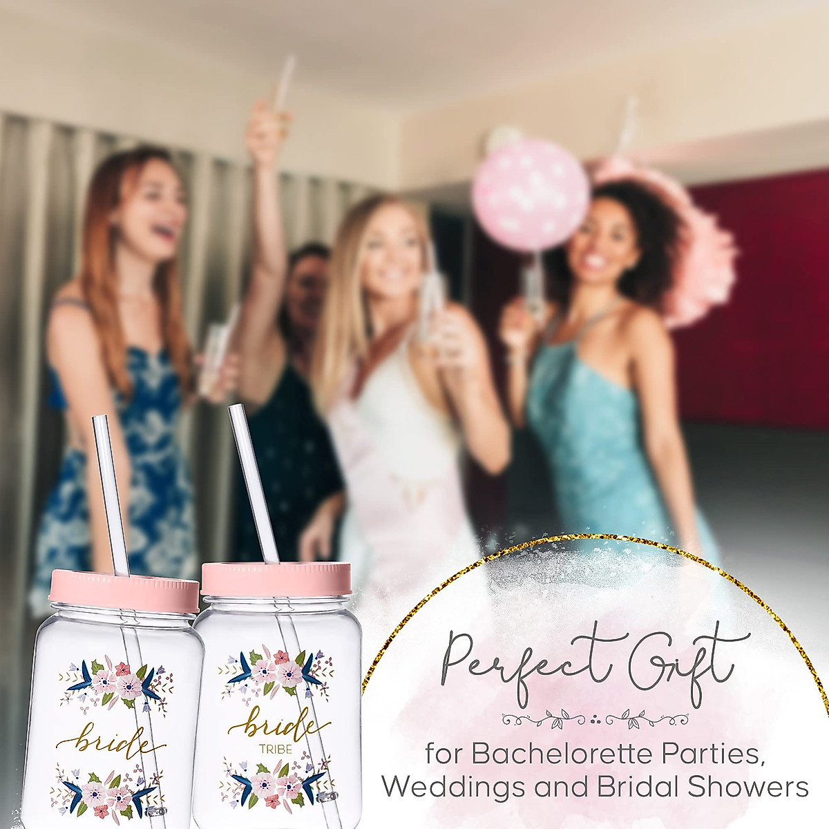 Samantha Margaret - Bride Plastic Mason Jar Tumbler for Bachelorette Parties, Weddings, Bridesmaid Gifts, Reusable Cup with Lid and Straw, 16oz - 1 Tumbler
