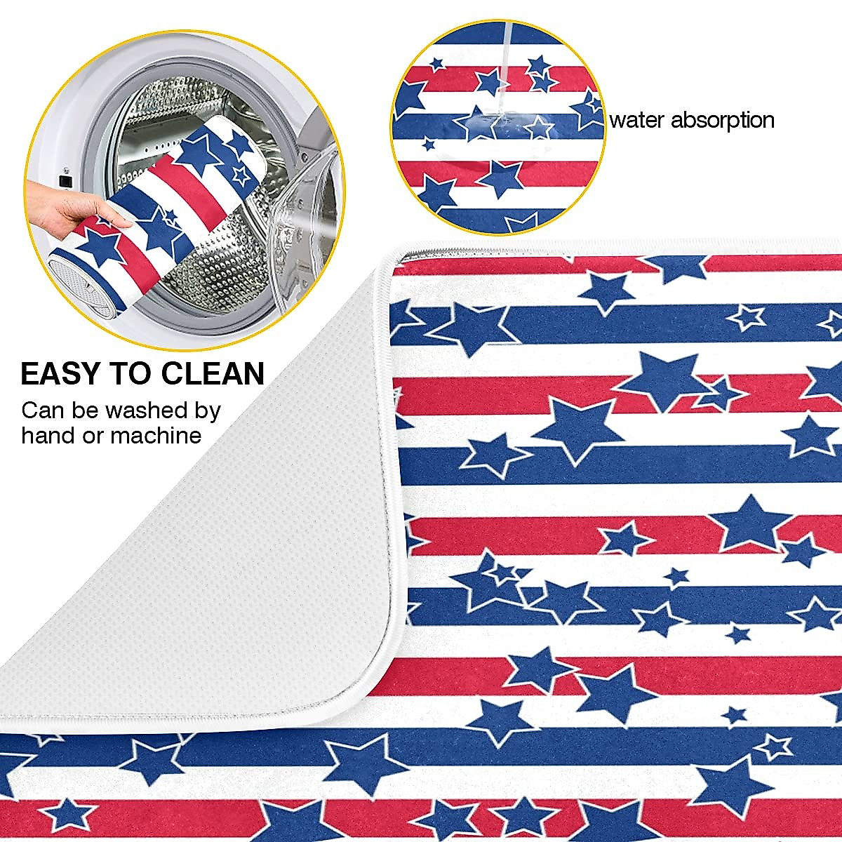 Dish Drying Mat American Stars And Stripes Kitchen Counter Mat Dishes Pad Dish Mats for Drying 4th Of July, Reversible, Super Absorbent 18x24