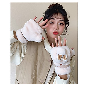 Women Girls Warm Gloves Thicken Cute Rabbit Ears Convertible Flip Top Winter Fingerless Thick Mittens for Teen Student (Color : White, Size : One Size)