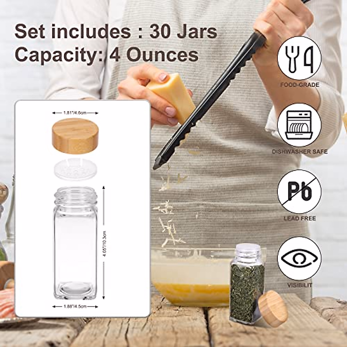CUCUMI 40pcs Spice Jars with Labels 4oz Glass Spice Bottles with Bamboo Lids, Spice Labels Stickers, Shaker Lids, Funnel, Test Tube Brush, Seasoning Storage Containers for Spice Rack, Cabinet, Drawe