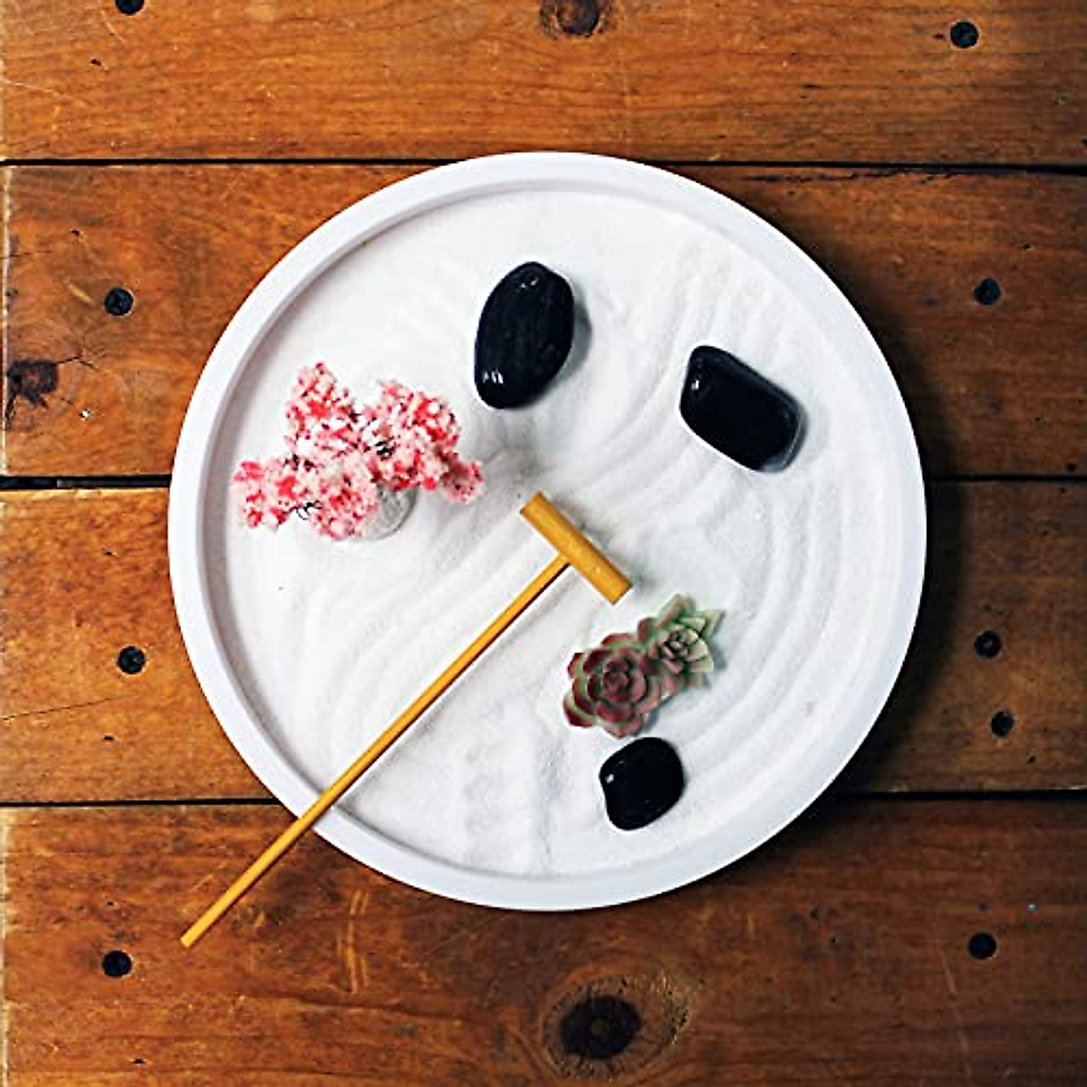Nature's Mark Mini Zen Garden Kit for Desk with Rake, White Sand, Lotus Figures, White Round Base, Black River Rocks and Mini Blossom Tree (8Lx8W Round B)