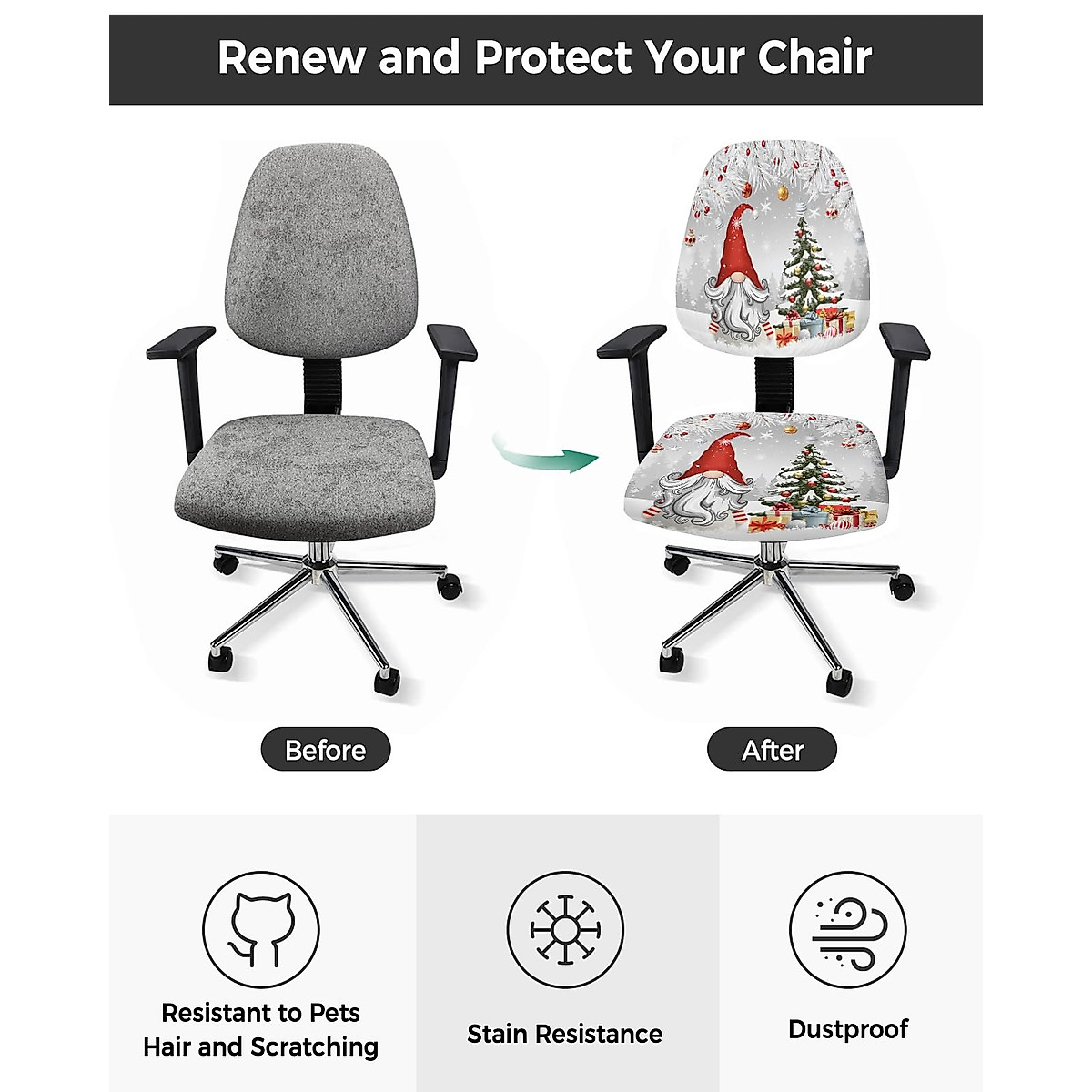 Christmas Pine Office Chair Cover Stretchable Computer Chair Seat Cover Backrest Slipcovers, Stretchable Rotating Desk Chair Seat Cushion Split Protectors Silver Branch Leaves Gnomes Tree Balls