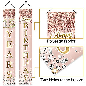 15th Birthday Door Banner Decorations for Girls, Pink Rose Gold Happy 15 Birthday Door Porch Backdrop Party Supplies, Fifteen Year Old Birthday Sign Decor