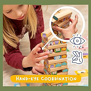Nene Toys Wooden Block Stacking Game – 4-in-1 Tumble Tower Family Board Game with Building Blocks, Cards and Dice – African Safari Educational Wooden Toy for Kids 3-9 Years Old About Animals