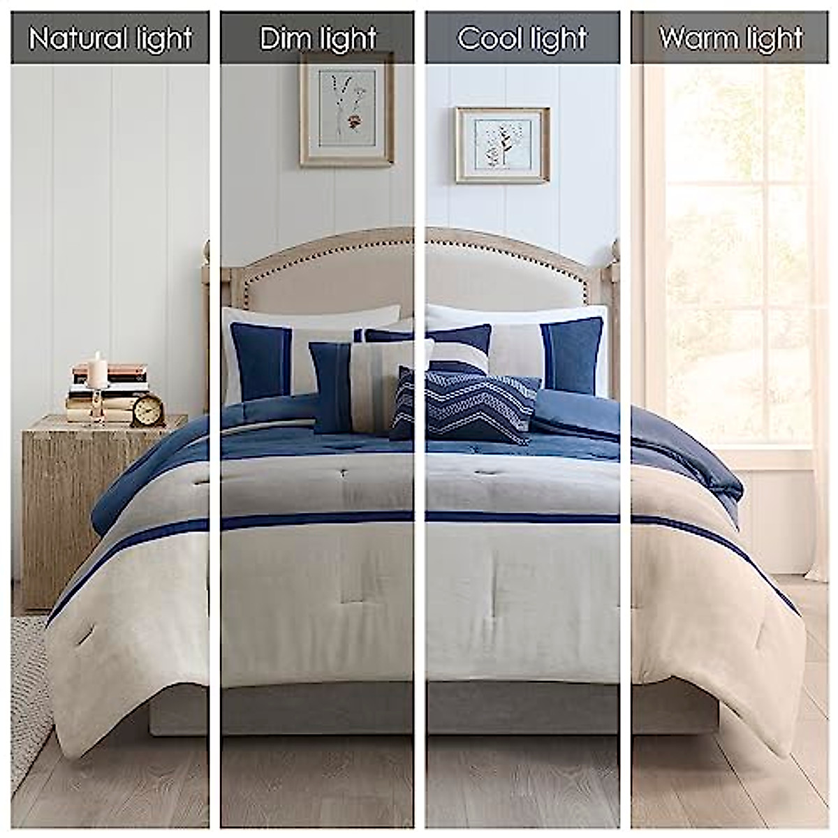 Madison Park Palisades Comforter Set Modern Faux Suede Pieced Stripe Design, All Season Down Alternative Cozy Bedding with Matching Shams, Decorative Pillows, Cal King(104"x92"), Blue 7 Piece