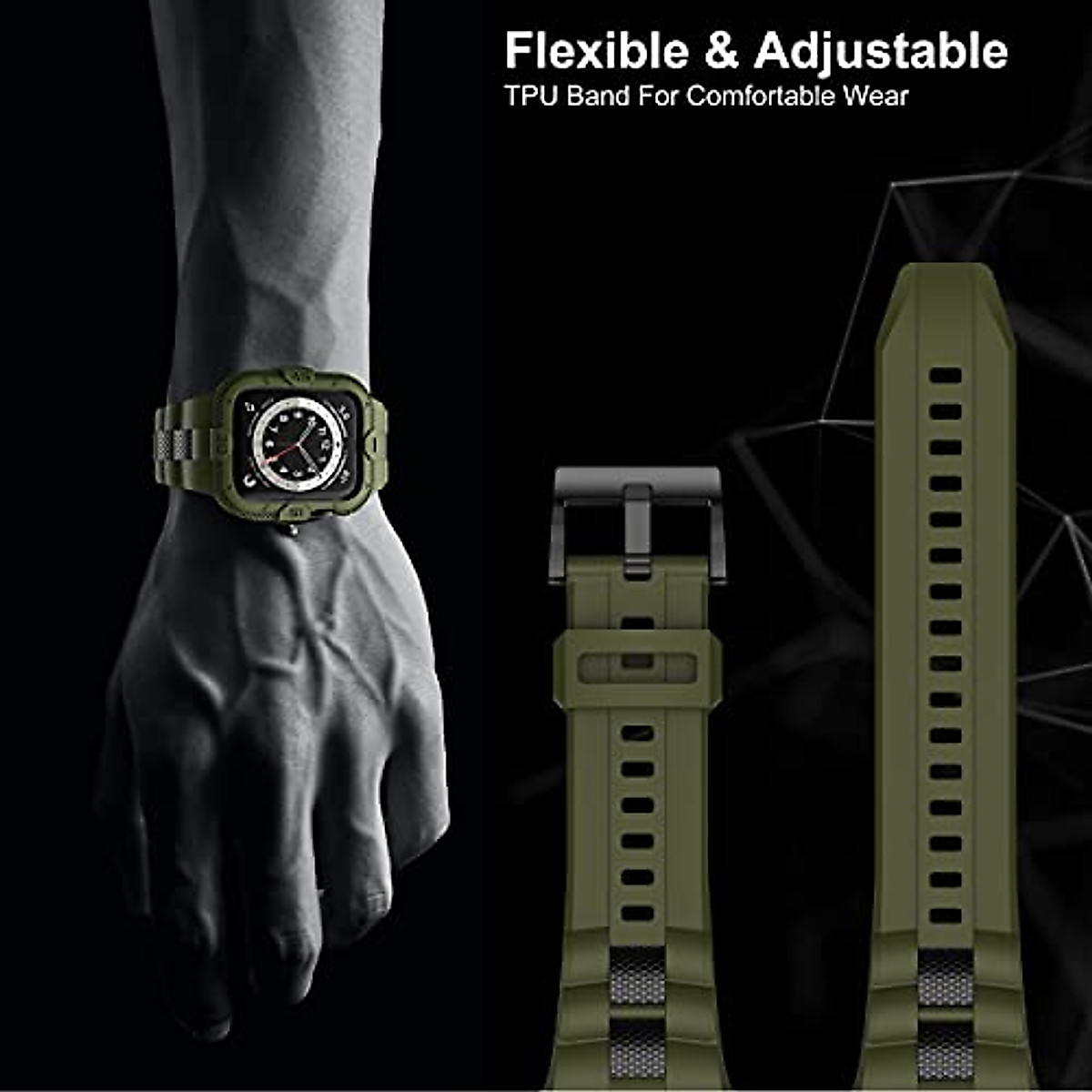 GELISHI Compatible for Apple Watch Band 45mm 44mm 42mm with Bumper Case, Men Rugged Bands Protector for Watch Series 8 7/Series 6 SE 5 4 3 2, Sport Military Band Protective Case, Army Green