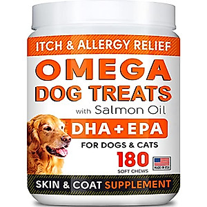 Fish Oil Omega 3 Treats for Dogs - Allergy and Itch Relief - Skin and Coat Supplement - Joint Health - Wild Alaskan Salmon Oil - Shedding, Itchy Skin Relief - Omega 3 6 9 - EPA & DHA - 180 Treats
