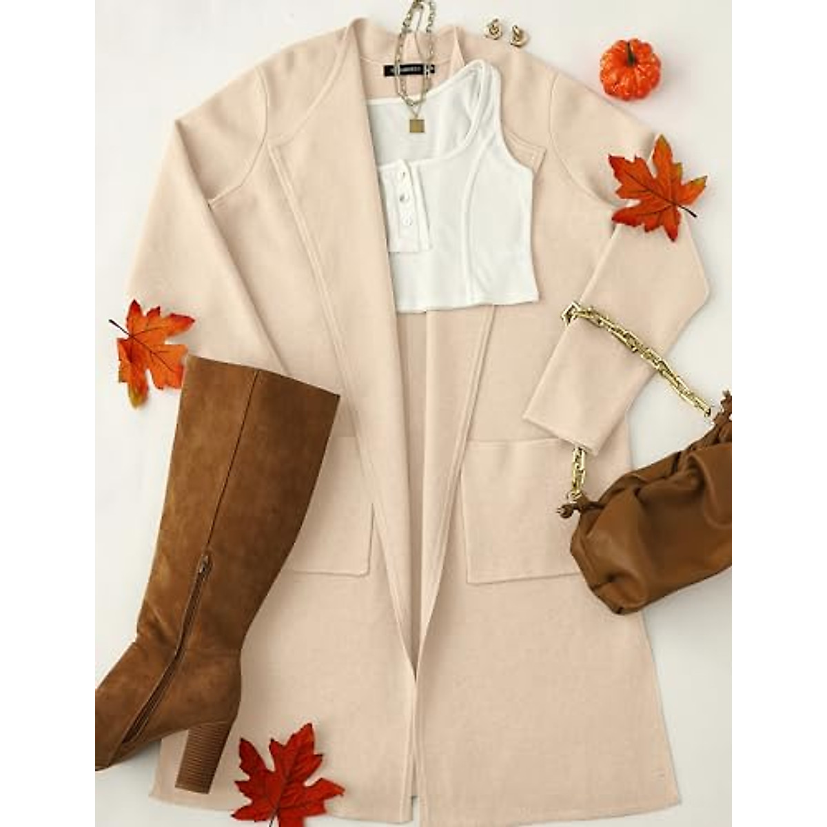 MEROKEETY Women's Open Front Coatigan Sweater Long Sleeve Casual Knit Lapel Cardigan Coat with Pockets, Apricot, Small