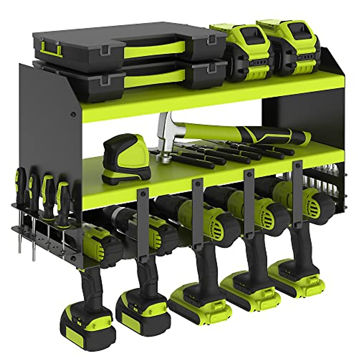 BULL-TECH Power Tool Organizer, 5 Drill Holder Wall Mount with Storage Rack, Cordless Drill Charging Station, Wall Mount Shelf Screwdriver Holder,Premium Garage Storage Organizers(Green)